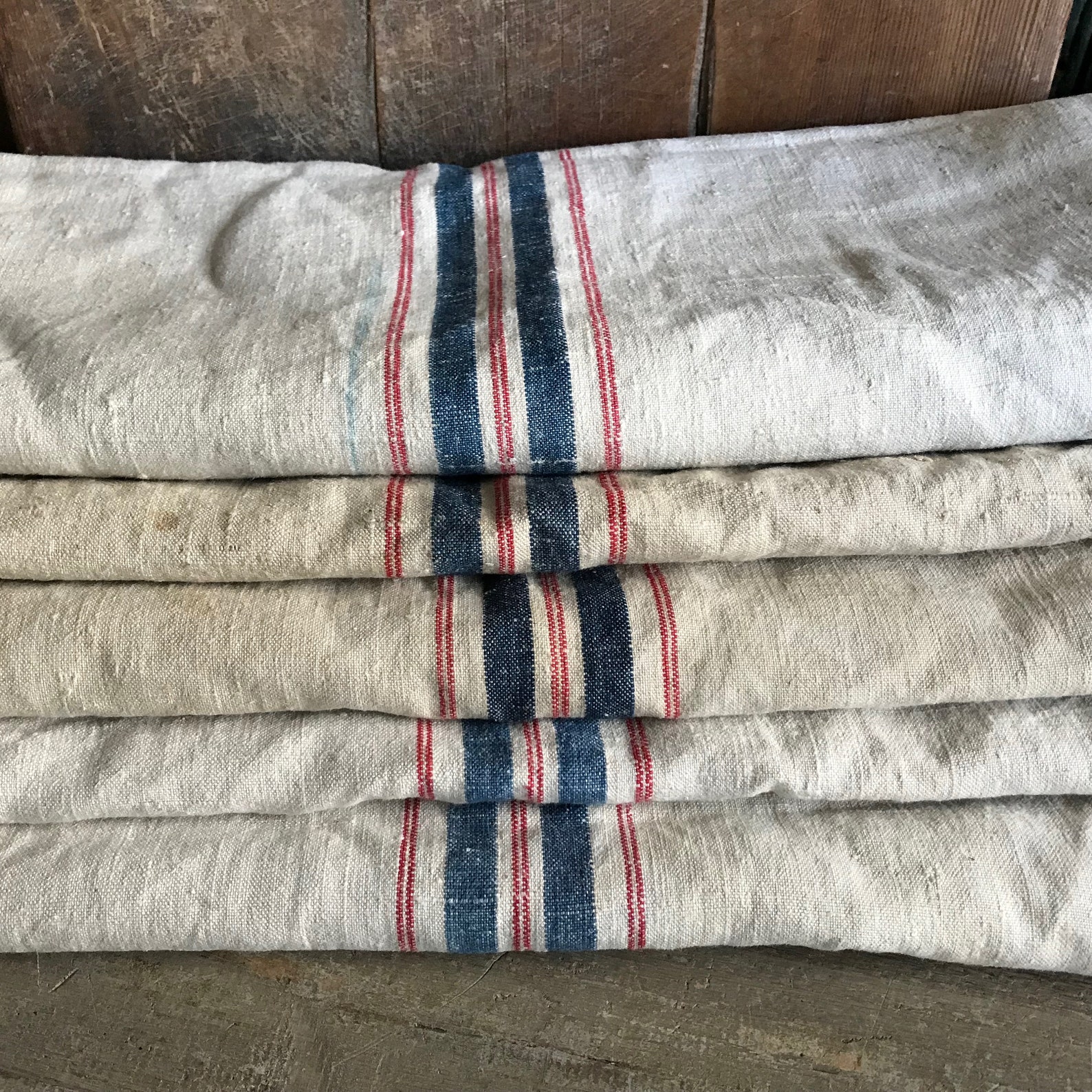 1 French Linen Laundry Sack, Blue Red Stripe, Upholstery Project ...
