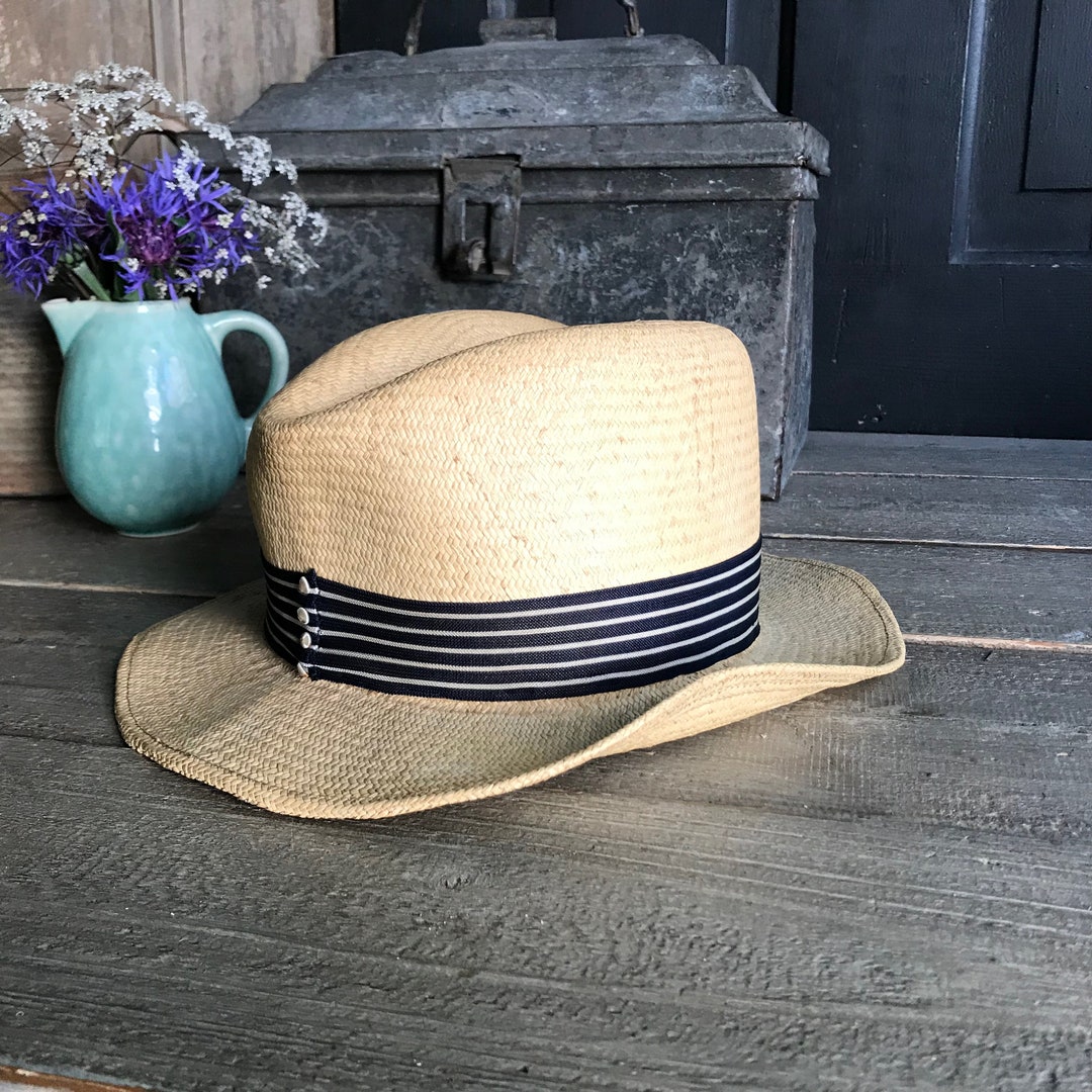 French Edwardian Straw Hat, Gents Fedora, Pinstripe Ribbon, Period ...