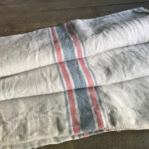 French Linen Laundry Sack, Blue Red Stripe, Grain Flour Sack, French ...