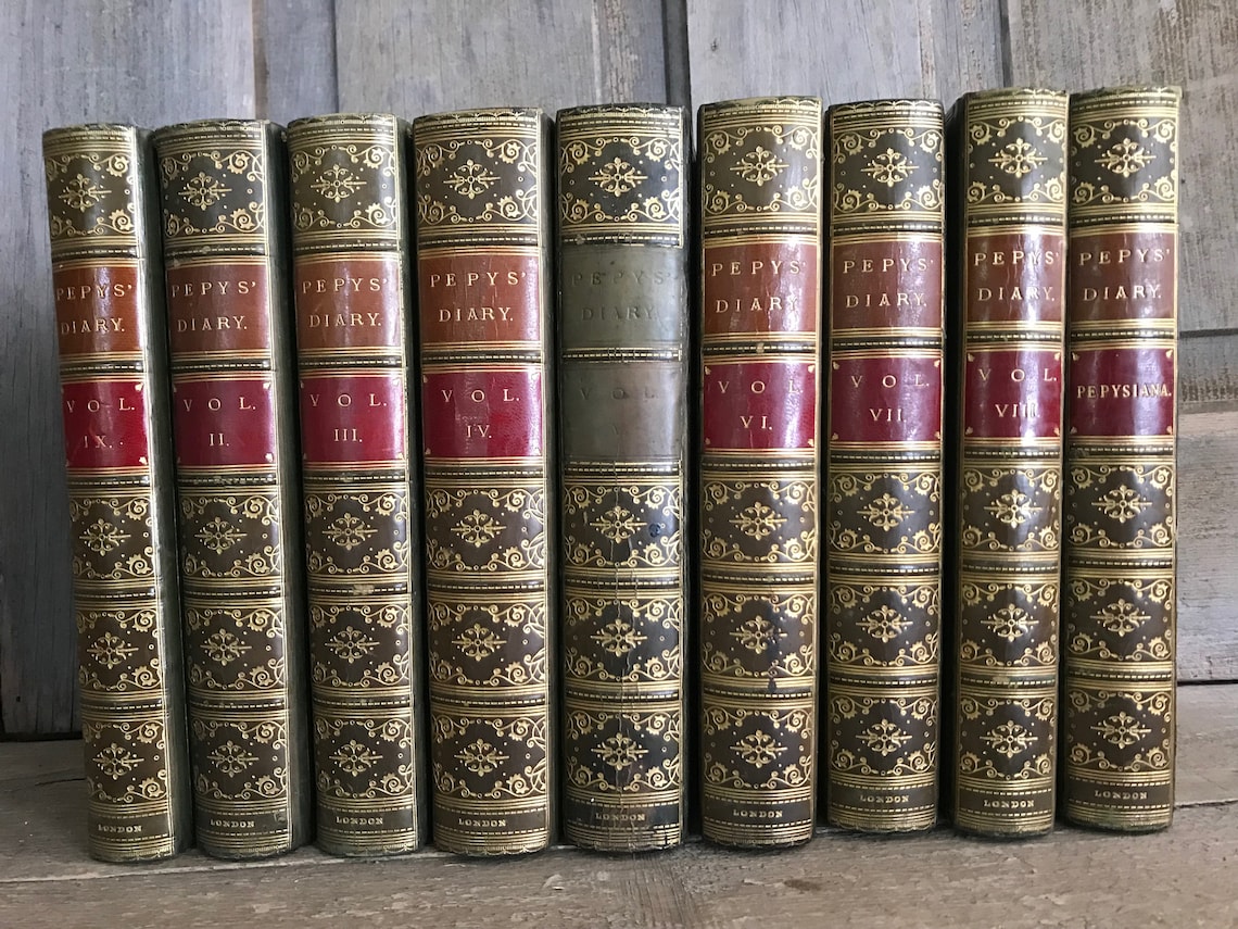 English Leather Bound Book Set of 9, Gilded, Pepys Diary, Stacking ...