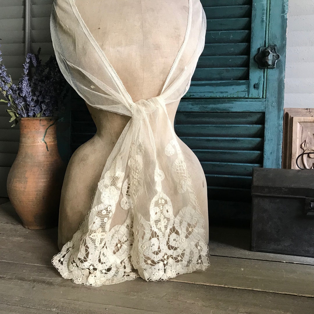French Tulle Lace Wedding Shawl, Scarf, Stole, Embroidered Tulle, Tape ...