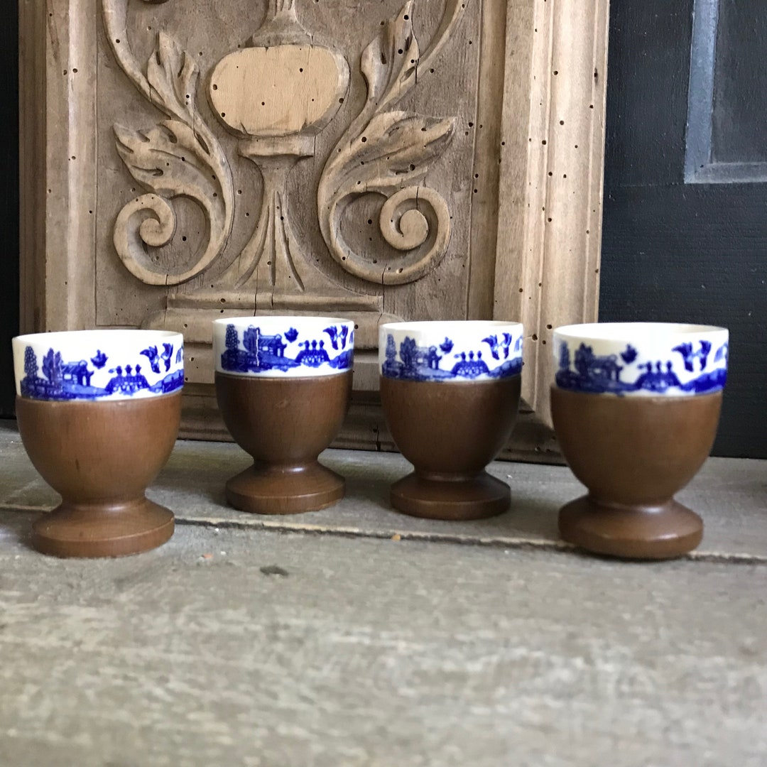 French Faïence Egg Cups, Wood Pedestal Base, Blue White, Set of 4 - Etsy