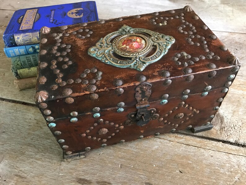 Rustic French Leather Document Box, Brass Cartouche, Porcelain Painted ...