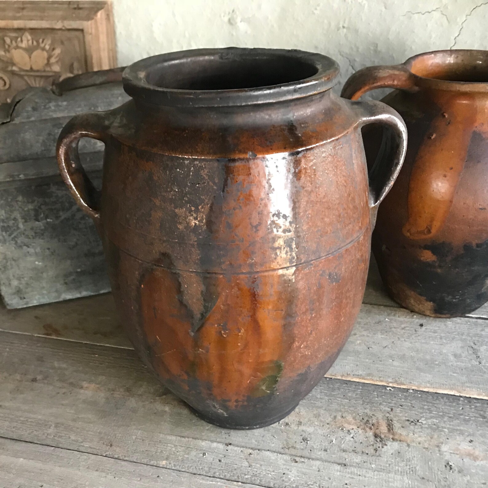 19th C Pottery Jug, Olive Confit Jar, Floral, Redware Slip, Rustic ...