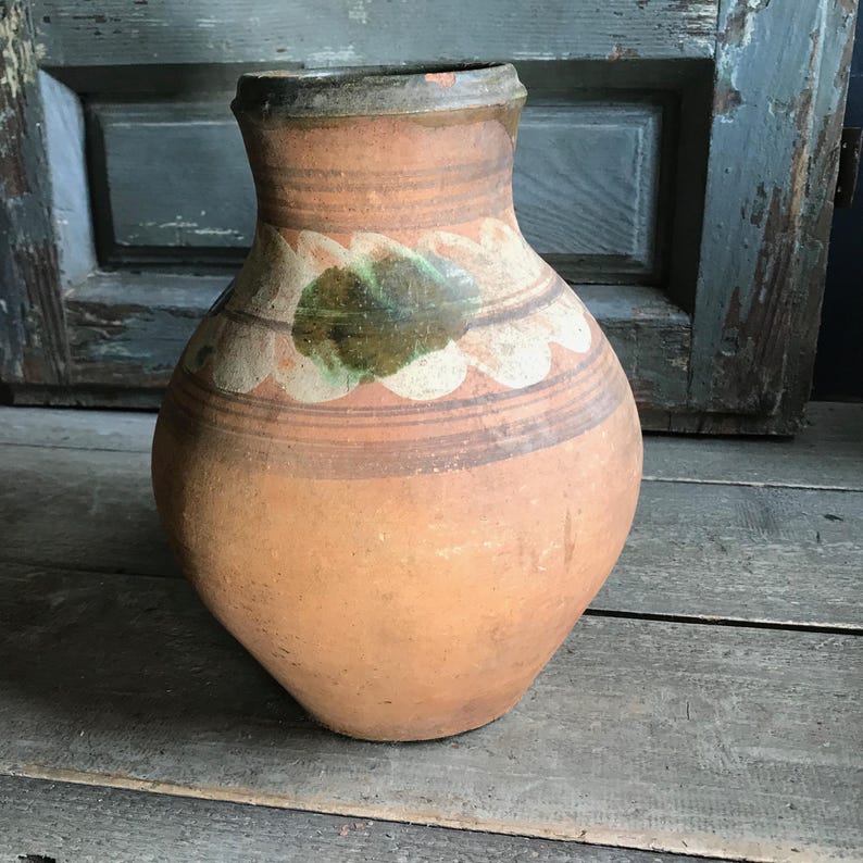 Antique Floral Pottery Jug, Pitcher, Vase, Redware, Folk Art, Rustic ...