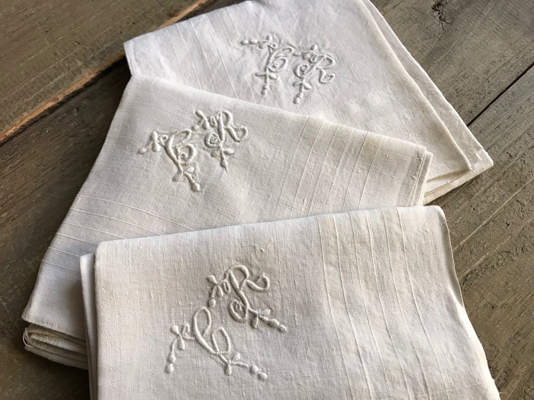 1 French Mens Handkerchief Set, Fine White Linen, Hand Embroidered ...