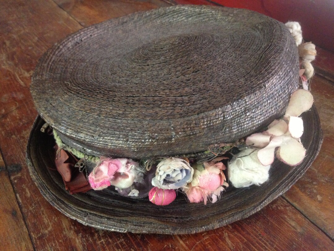 Edwardian Boater Hat, Gray Straw Silk Floral Sun Hat, Downton Abbey ...