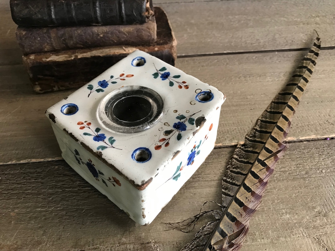 Antique French Inkwell, Faience, Tin Glaze, Handpainted Inkwell, 19th C ...