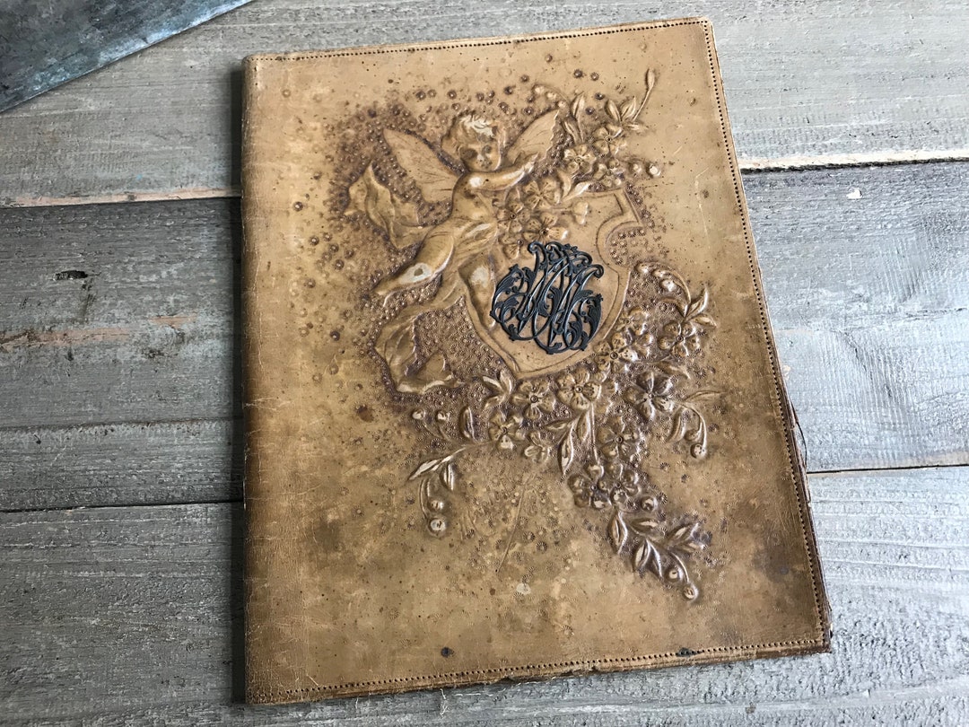 French Leather Book Blotter, Cherub Design, Tooled, Embossed ...