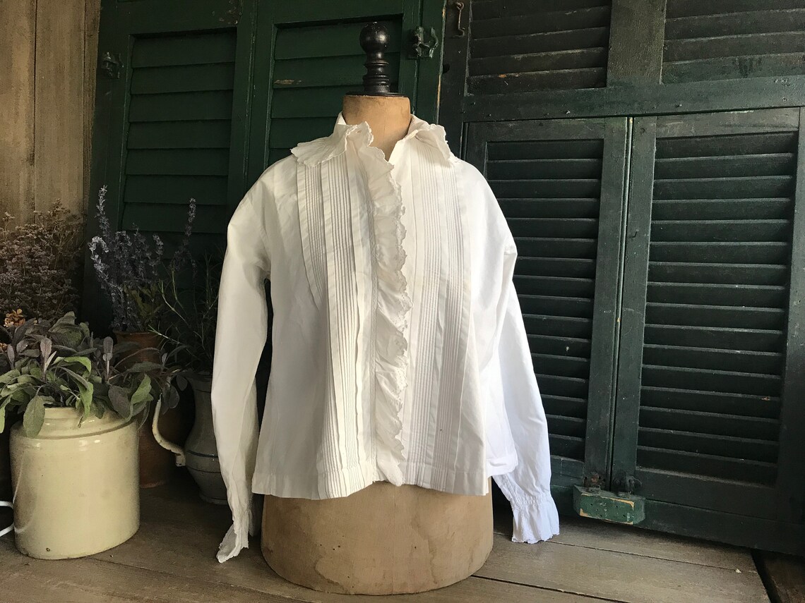 French White Cotton Chemise Blouse, Chemisier, Ruffle Collar, Monogram ...