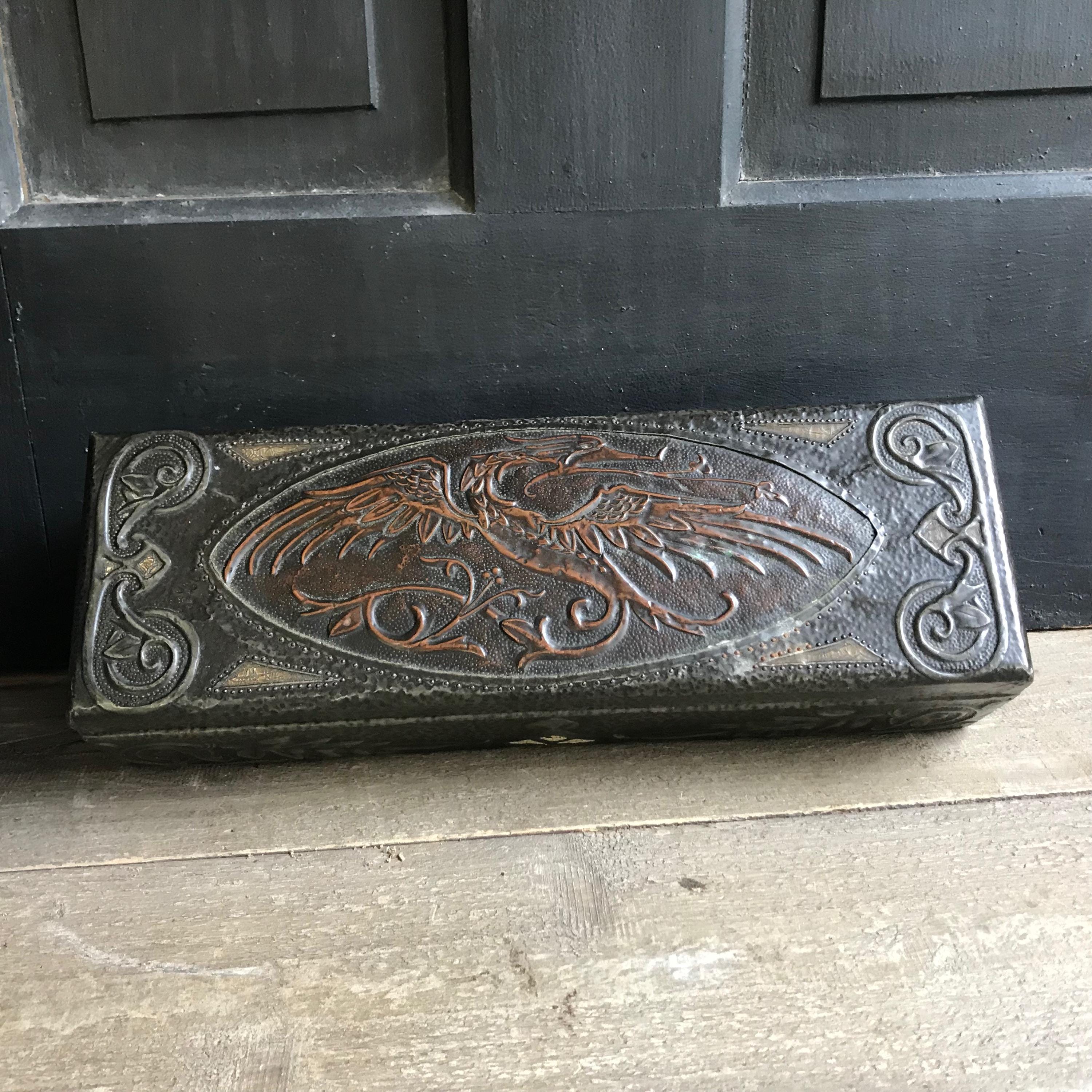 French Repoussé Pewter Boudoir Box, Copper Dragon Griffon, Silk Lined ...