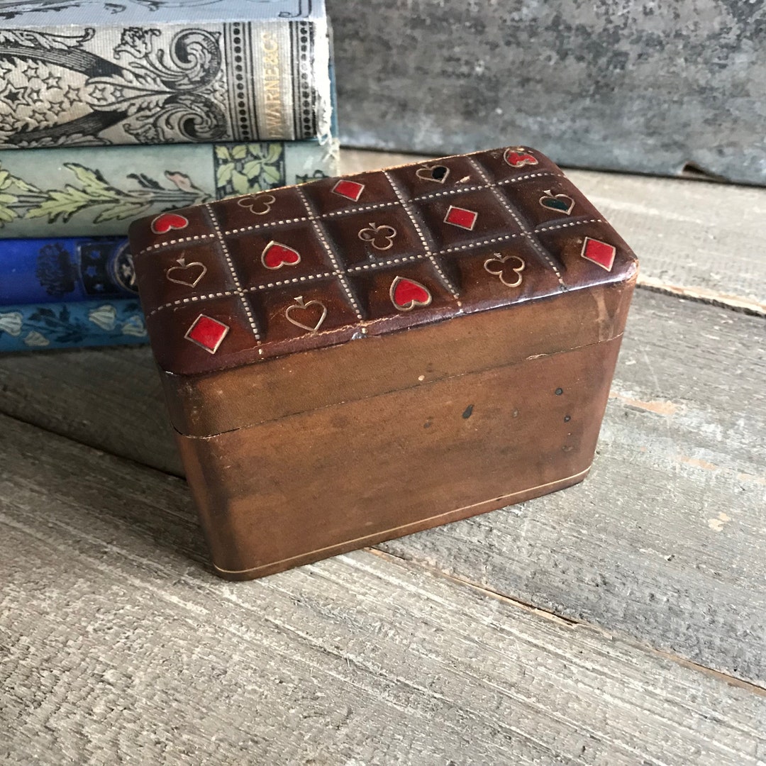 Italian Leather Playing Card Case Box, Double Deck, Gold Gilt Red Black ...