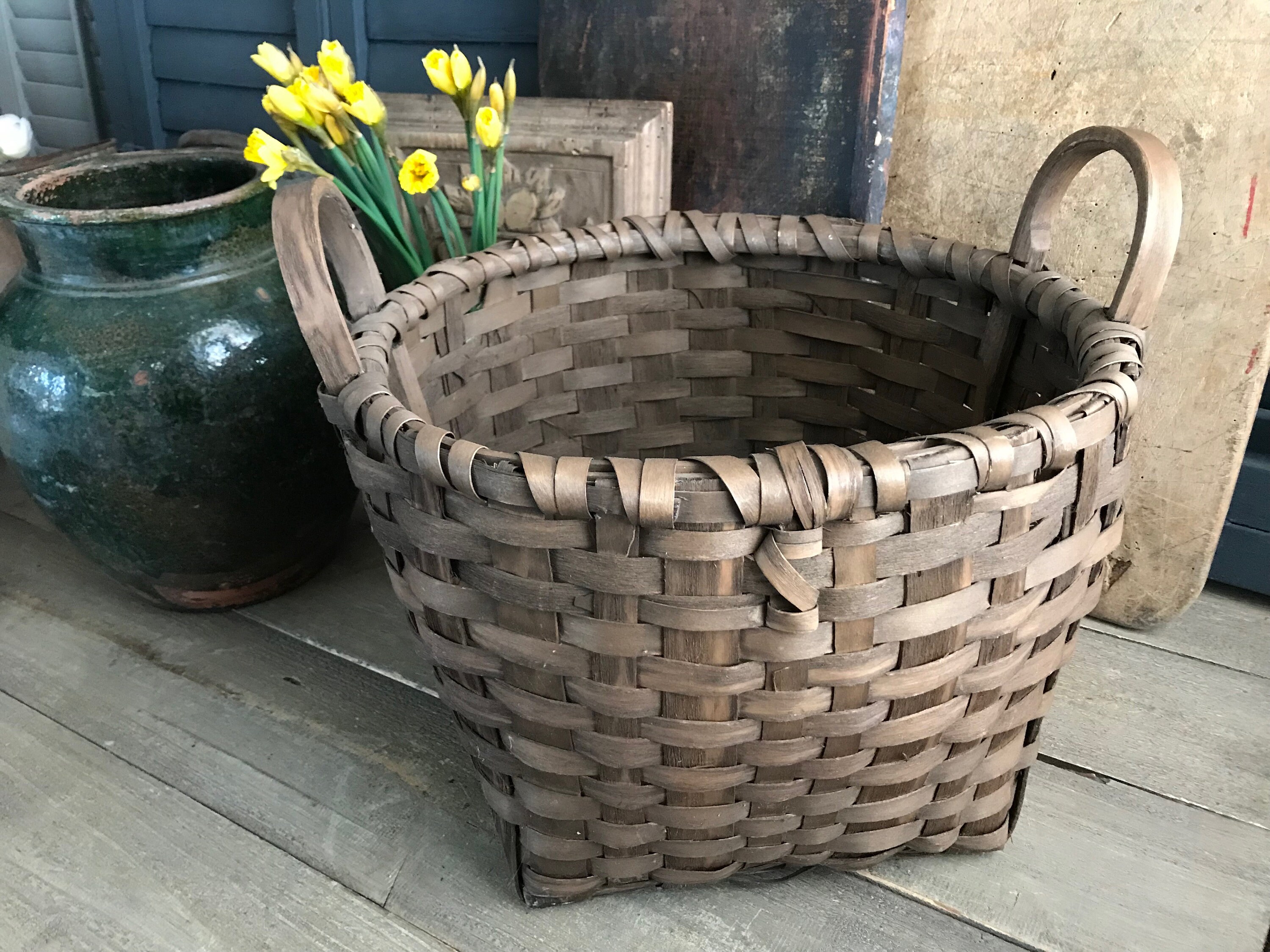 Rustic Farmhouse Basket Bentwood Handles Willow Wicker | Etsy