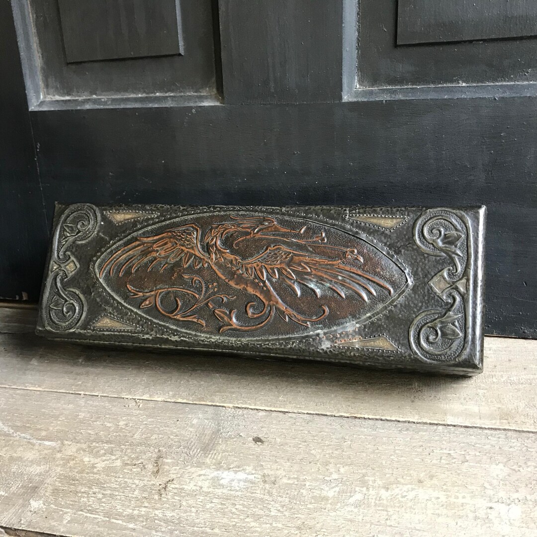 French Repoussé Pewter Boudoir Box, Copper Dragon Griffon, Silk Lined ...