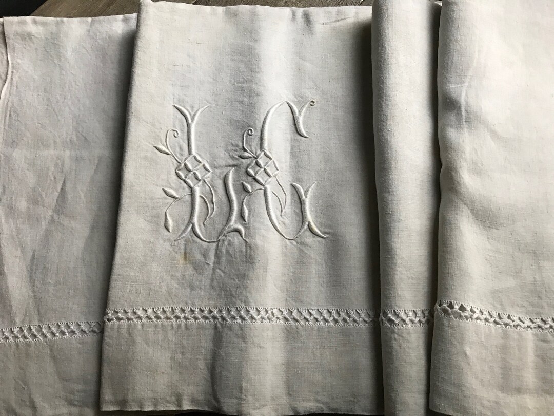 French Heirloom Linen Sheet, Dowry Sheet, Trousseau, Embroidered ...