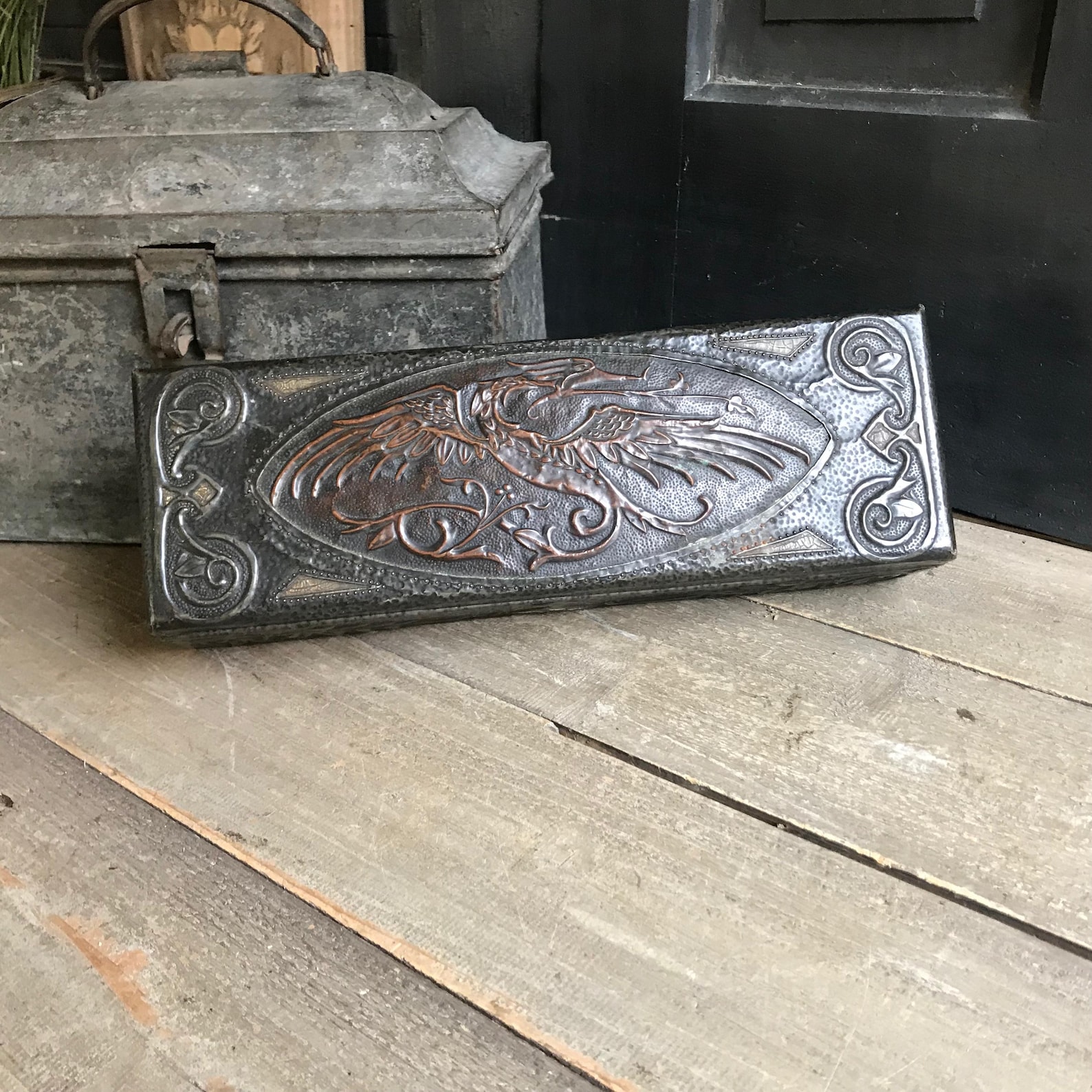 French Repoussé Pewter Boudoir Box, Copper Dragon Griffon, Silk Lined ...