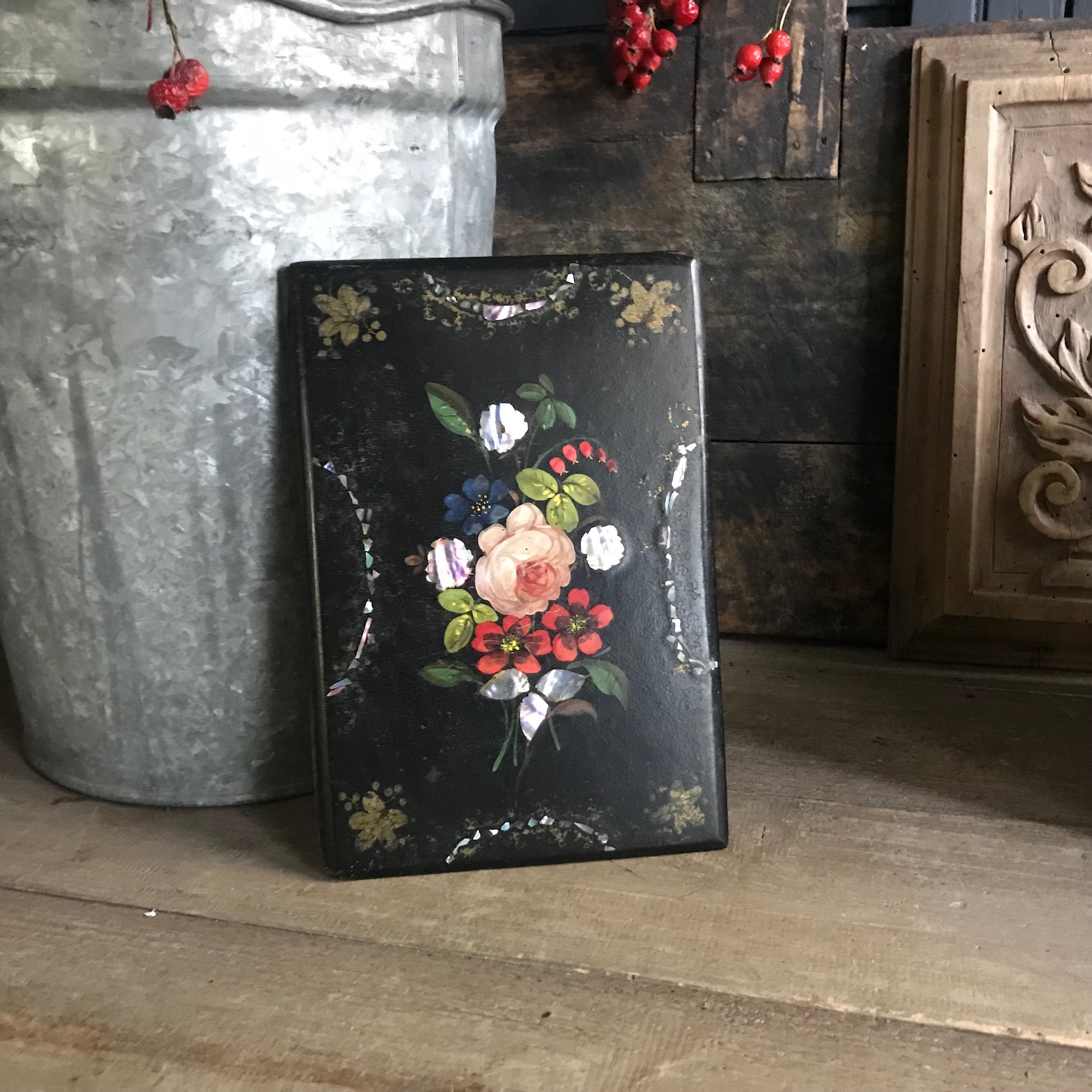 19th Papier Mâché Desk Blotter Set, Book Cover, Handpainted Floral ...