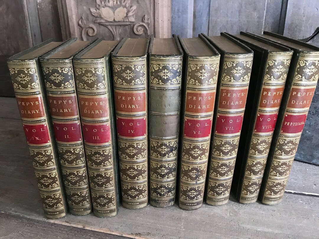 English Leather Bound Book Set of 9, Gilded, Pepys Diary, Stacking ...