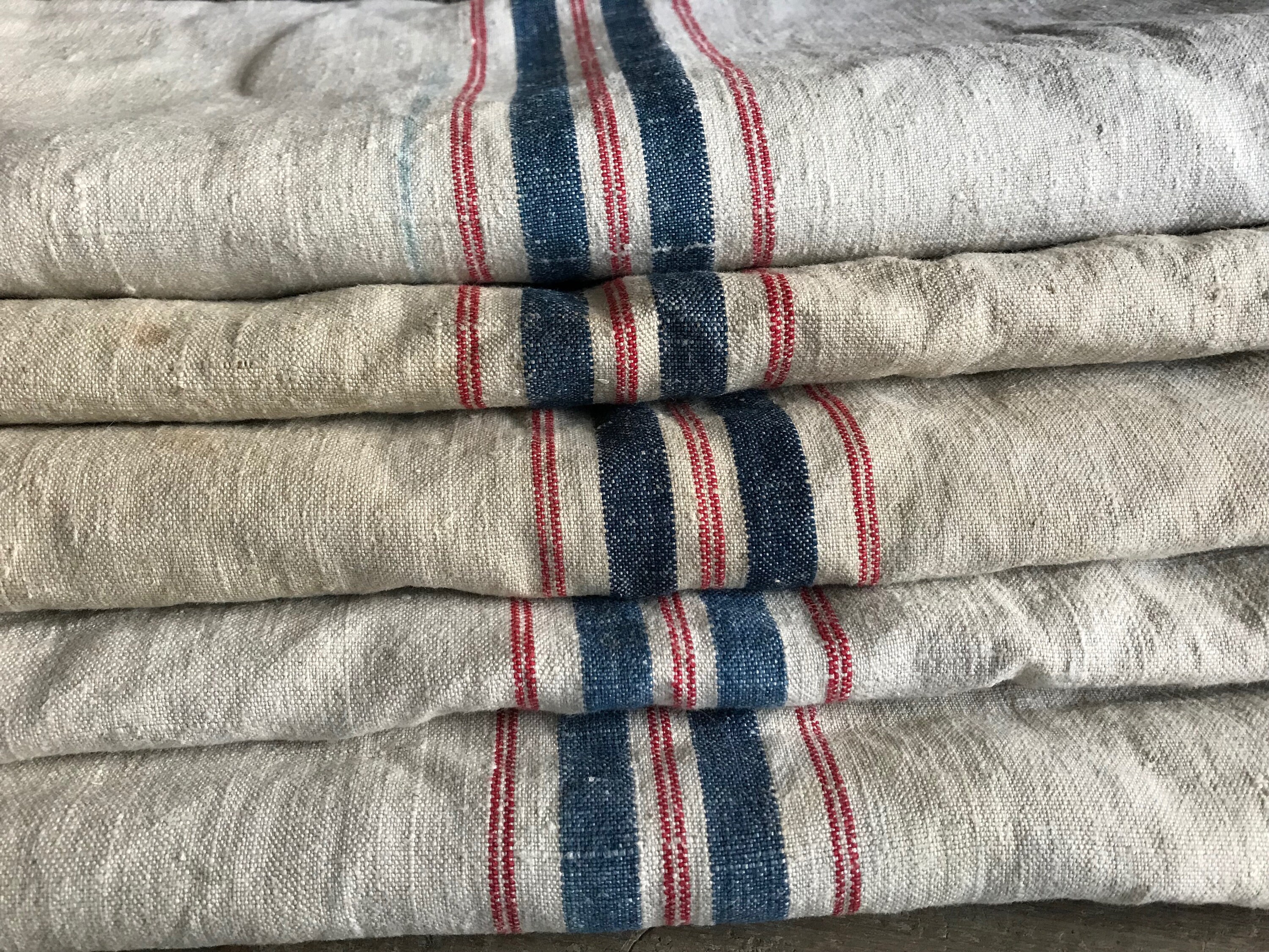 1 French Linen Laundry Sack, Blue Red Stripe, Upholstery Project ...