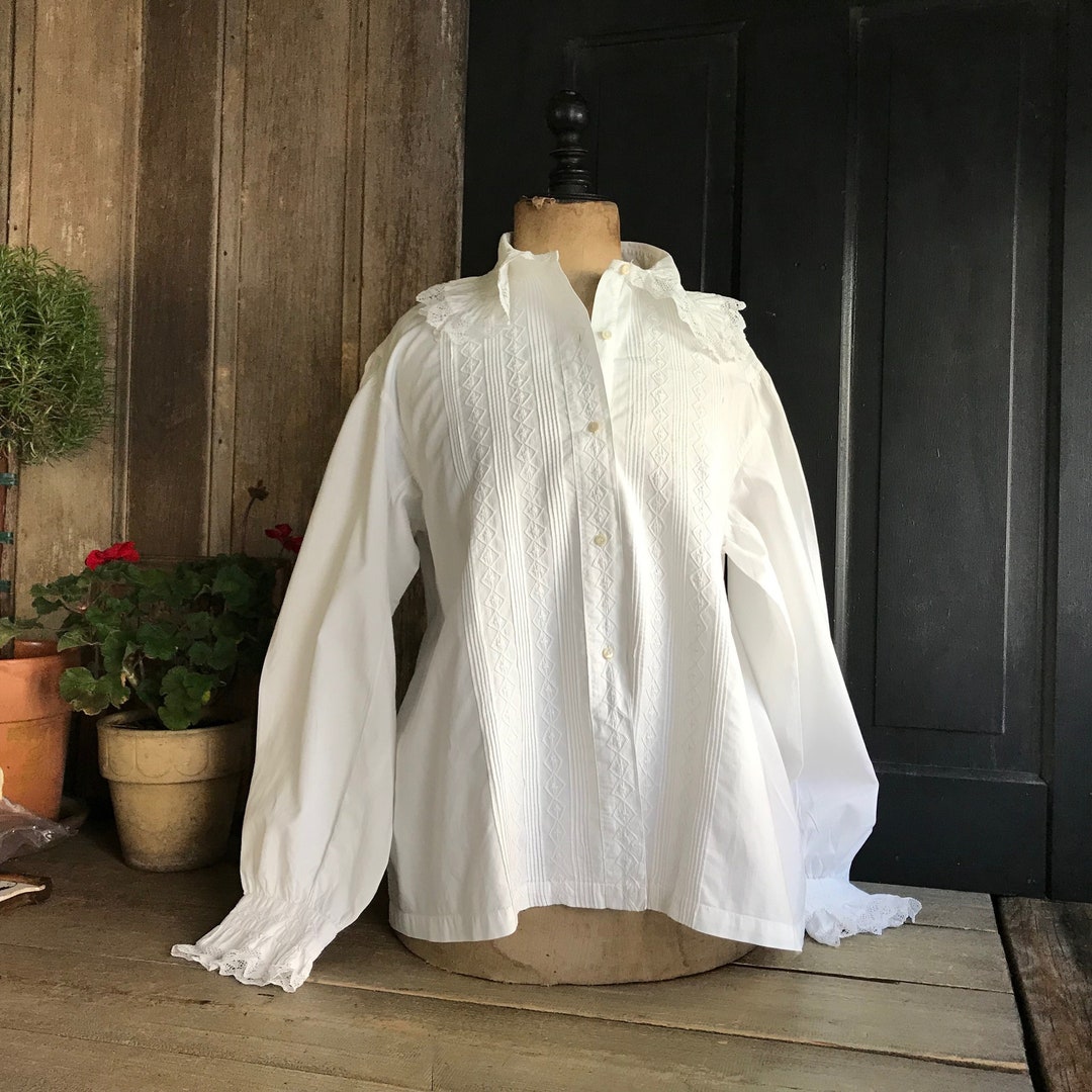 French Chemise Blouse, White Cotton, Ruffle Collar Sleeves, Embroidery ...