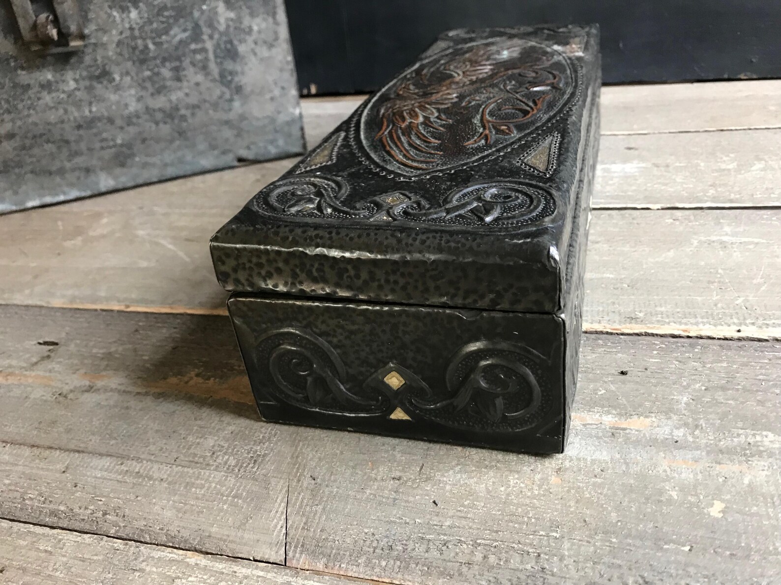 French Repoussé Pewter Boudoir Box, Copper Dragon Griffon, Silk Lined ...
