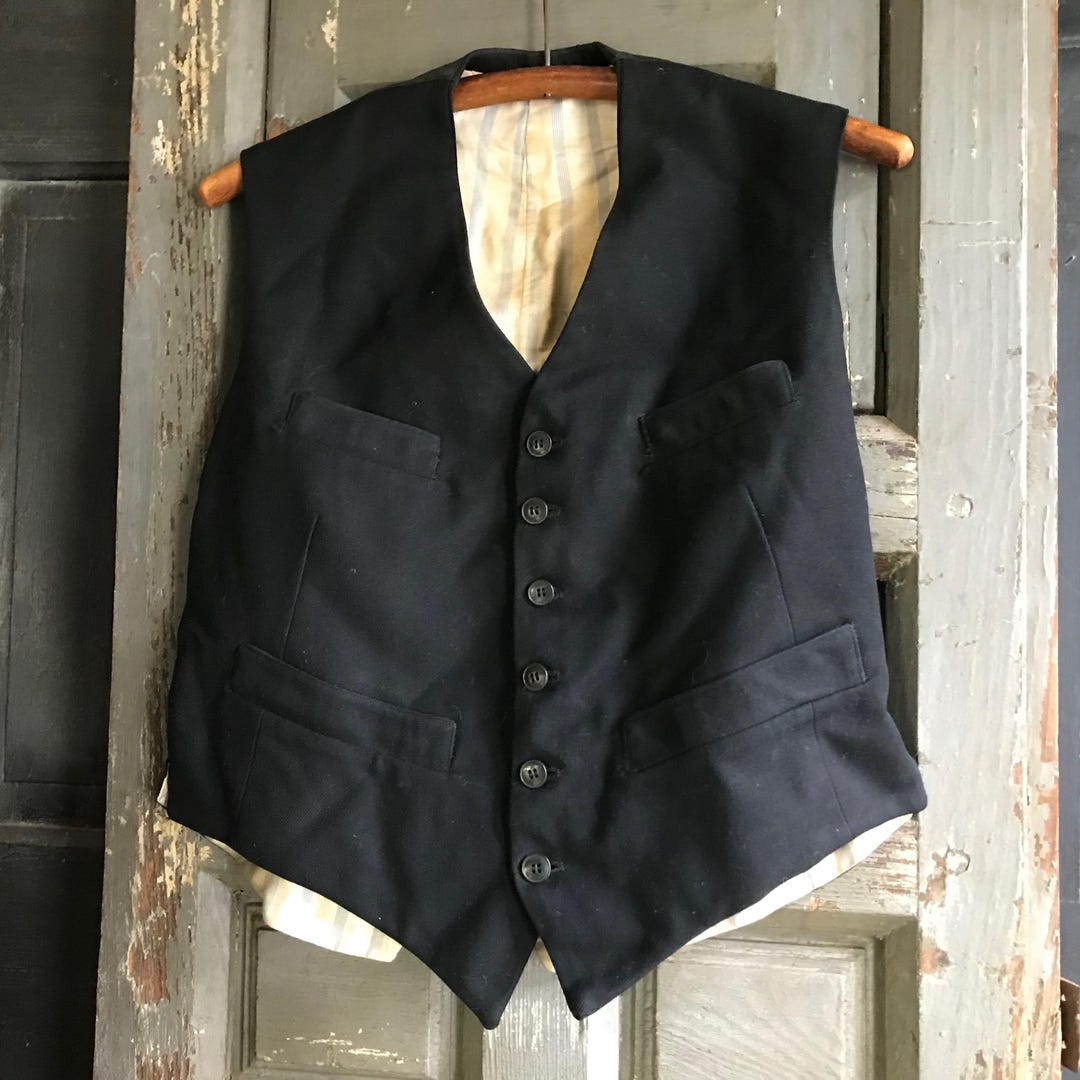 French Black Wool Gilet Waistcoat, Striped Cotton Lined, Belted ...