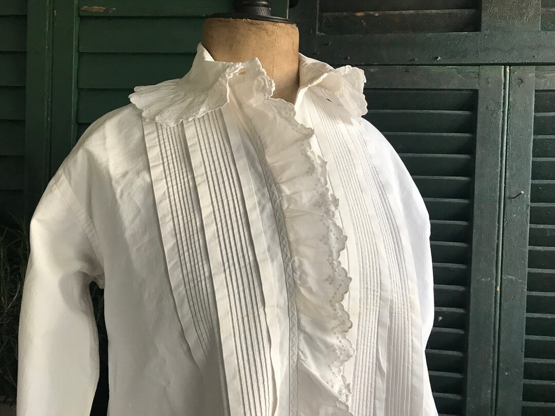 French White Cotton Chemise Blouse, Chemisier, Ruffle Collar, Monogram ...