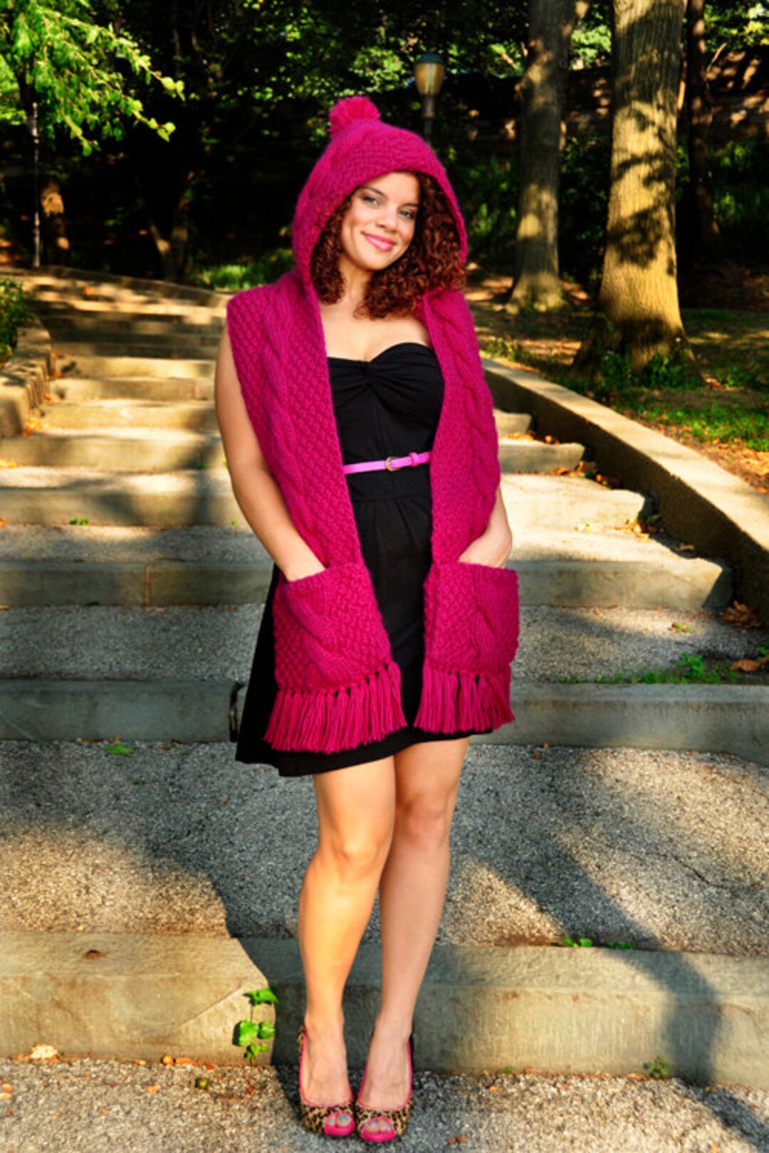 Trifecta KNITTING PATTERN INSTRUCTIONS Pink Cable Knit Hooded Scarf ...