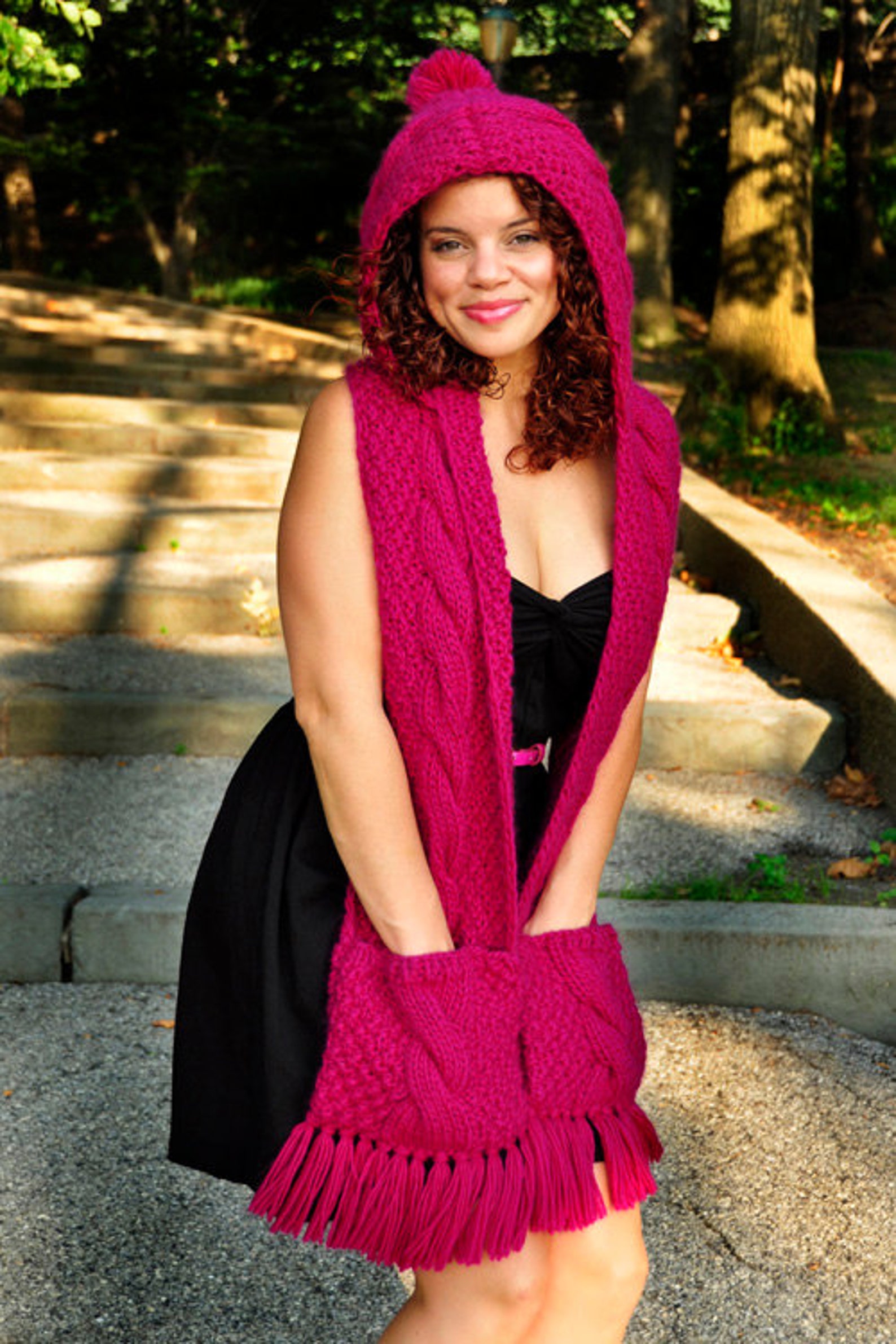 Trifecta KNITTING PATTERN INSTRUCTIONS Pink Cable Knit Hooded Scarf ...