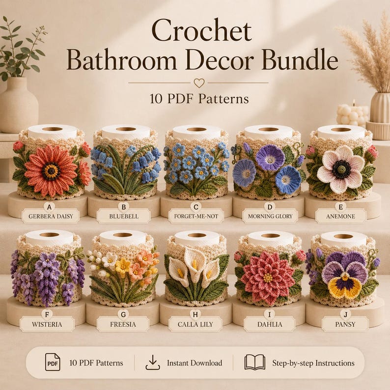 10 Flower Crochet Toilet Paper Holder Patterns Bundle, Floral Bathroom ...
