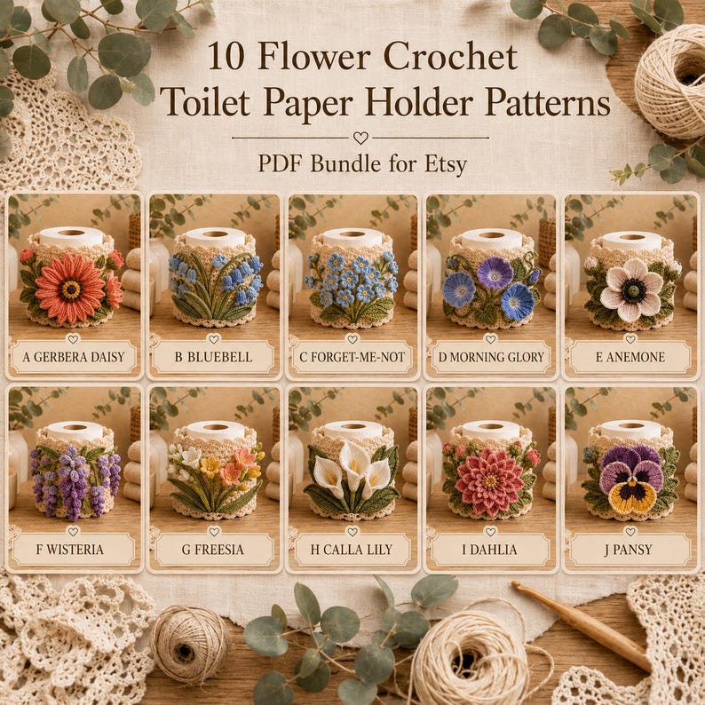 10 Flower Crochet Toilet Paper Holder Patterns Bundle, Floral Bathroom ...