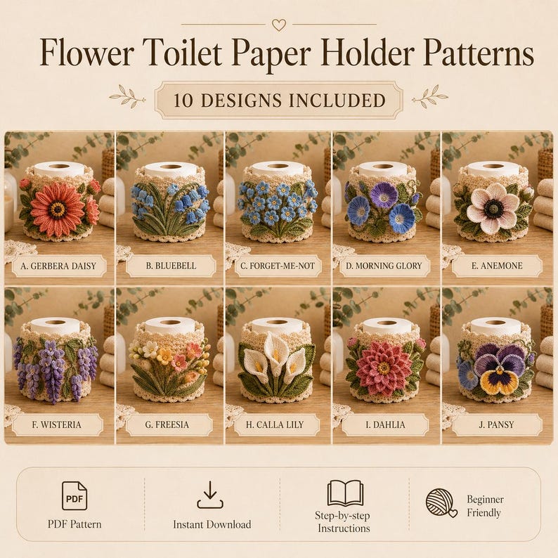 10 Flower Crochet Toilet Paper Holder Patterns Bundle, Floral Bathroom ...