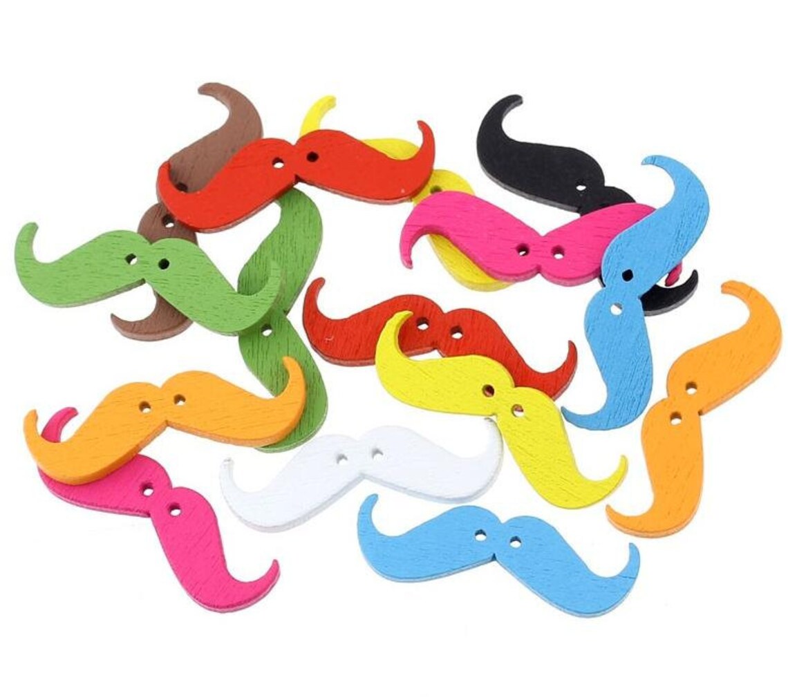 5 Mustache Wooden Beads - 3.5cm X 1.1cm (1 3/8" X 3/8") - Wood Randomly ...