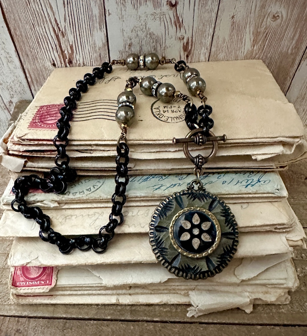 Stacked Celluoid Wafer and Antique Cut Out Button Necklace Beaded Chain ...