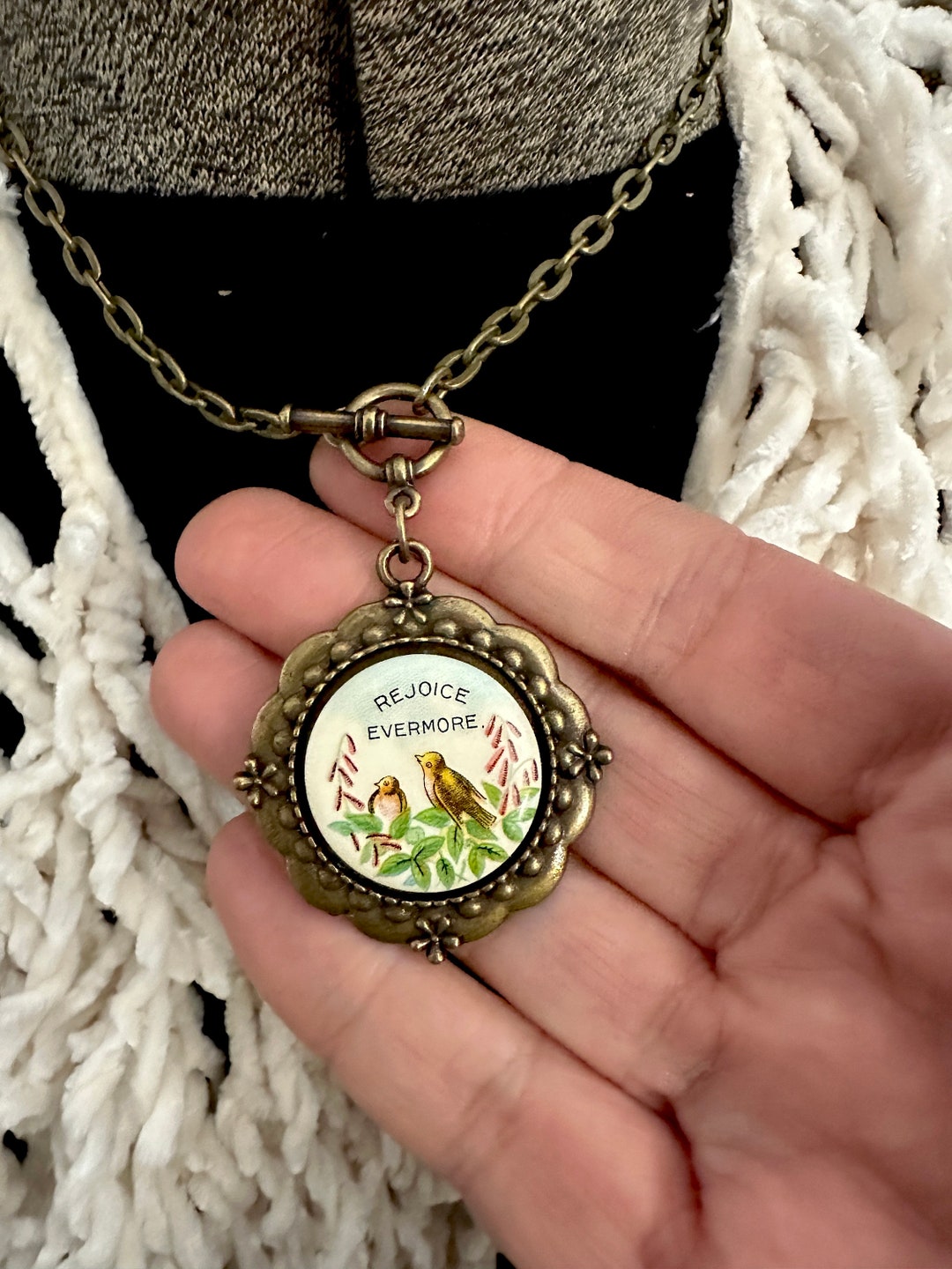 1890s Vacation Bible School Religious Pinback Rejoice Evermore Necklace ...