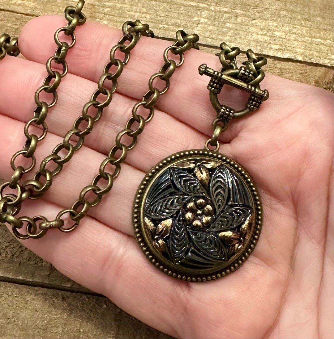 Czech Glass Black and Gold Button Necklace - Etsy