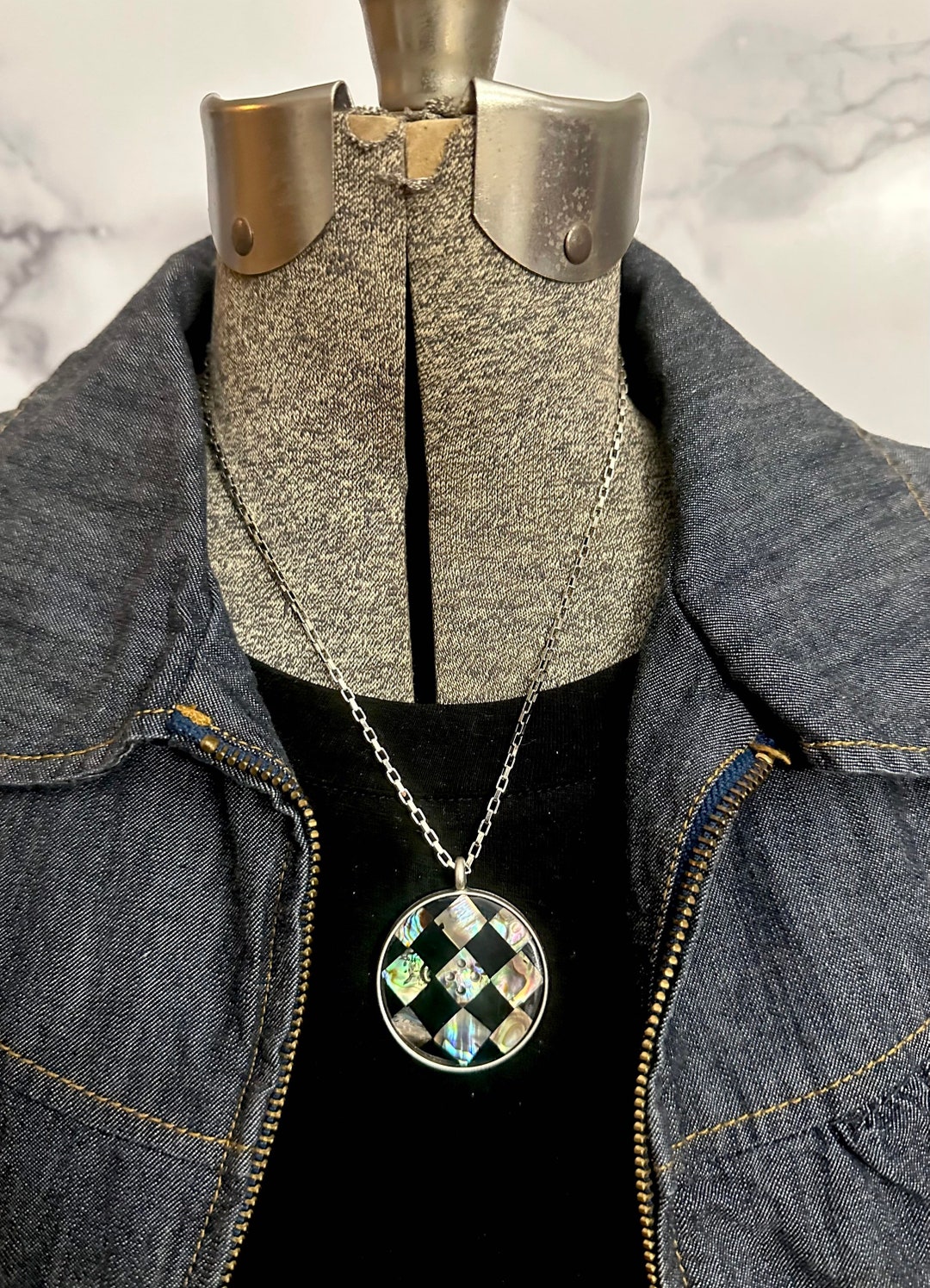 Checkerboard Mother of Pearl Inlayed Oversized Button Necklace - Etsy