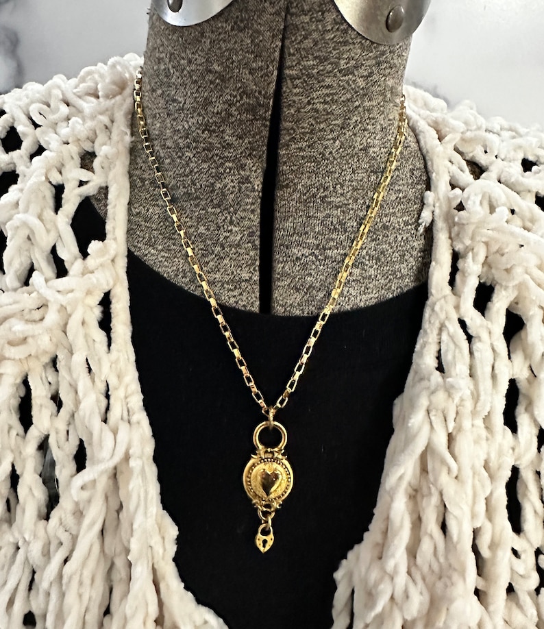 Golden Modern Heart Button Necklace With Miniature Lock Charm - Etsy