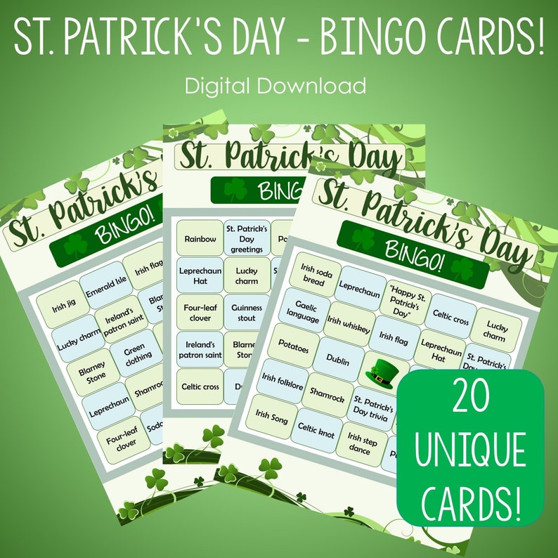 Bingo Cards! for St. Patrick's Day! | 20 Unique Cards | Perfect for ...