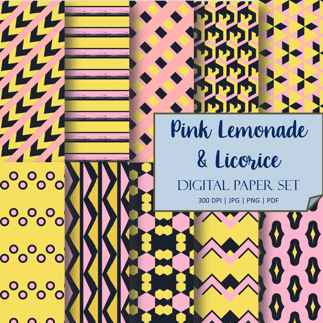 Printable Digital Paper PINK LEMONADE & LICORICE Pink, Yellow, and ...