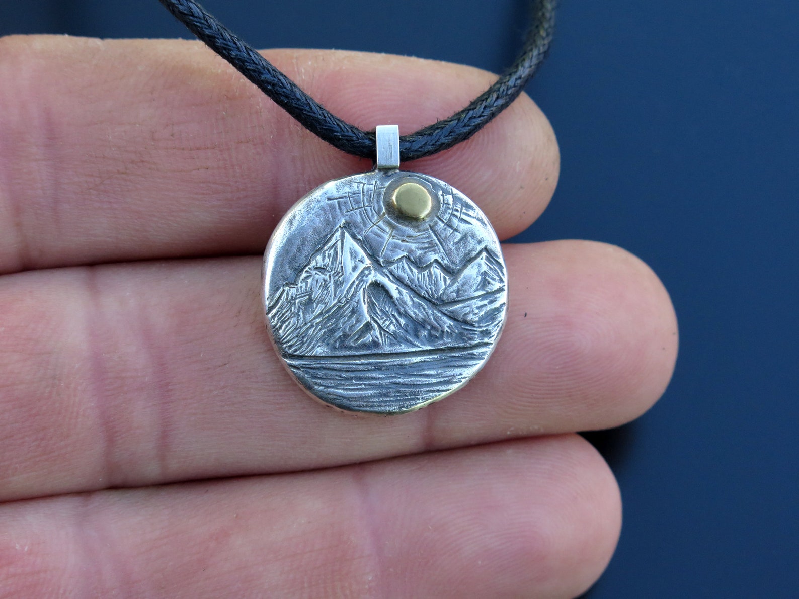 Silver Mountain Pendant, Mountain Necklace, Gold Sun Necklace, Mountain ...