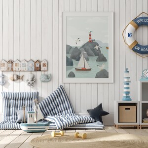 Nautical Nursery Wall Art Set of 2, Lighthouse, Boats Nursery Decor, by the Sea Kids Bedroom Art ...