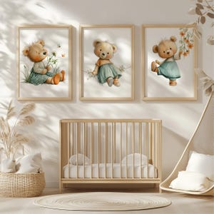 Teddy Bear Nursery Wall Art Set of 3, Girls Bear Wall Art, Green Teddy ...