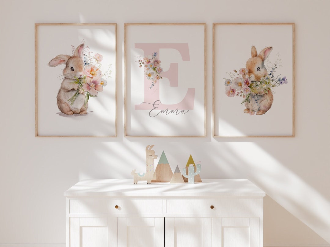 Bunny Nursery Wall Decor Set of 3 Girls Room Decor Woodland - Etsy