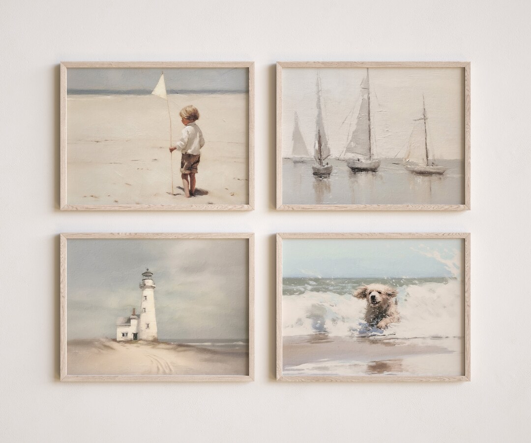 Coastal Nursery Wall Art Set of 4, Vintage Beach Nursery Print ...