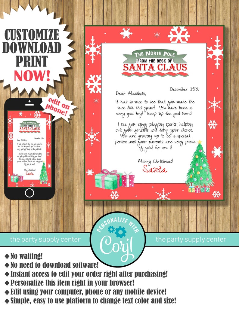 Santa Letter Letter From Santa Editable Santa Claus Letter - Etsy