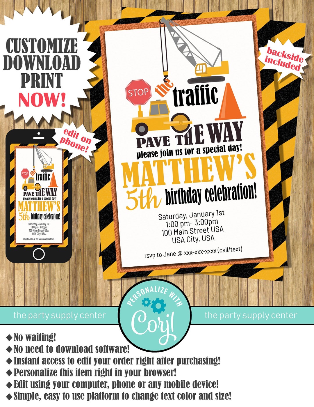 Construction Birthday Party Invitation, Stop the Traffic, Close the ...