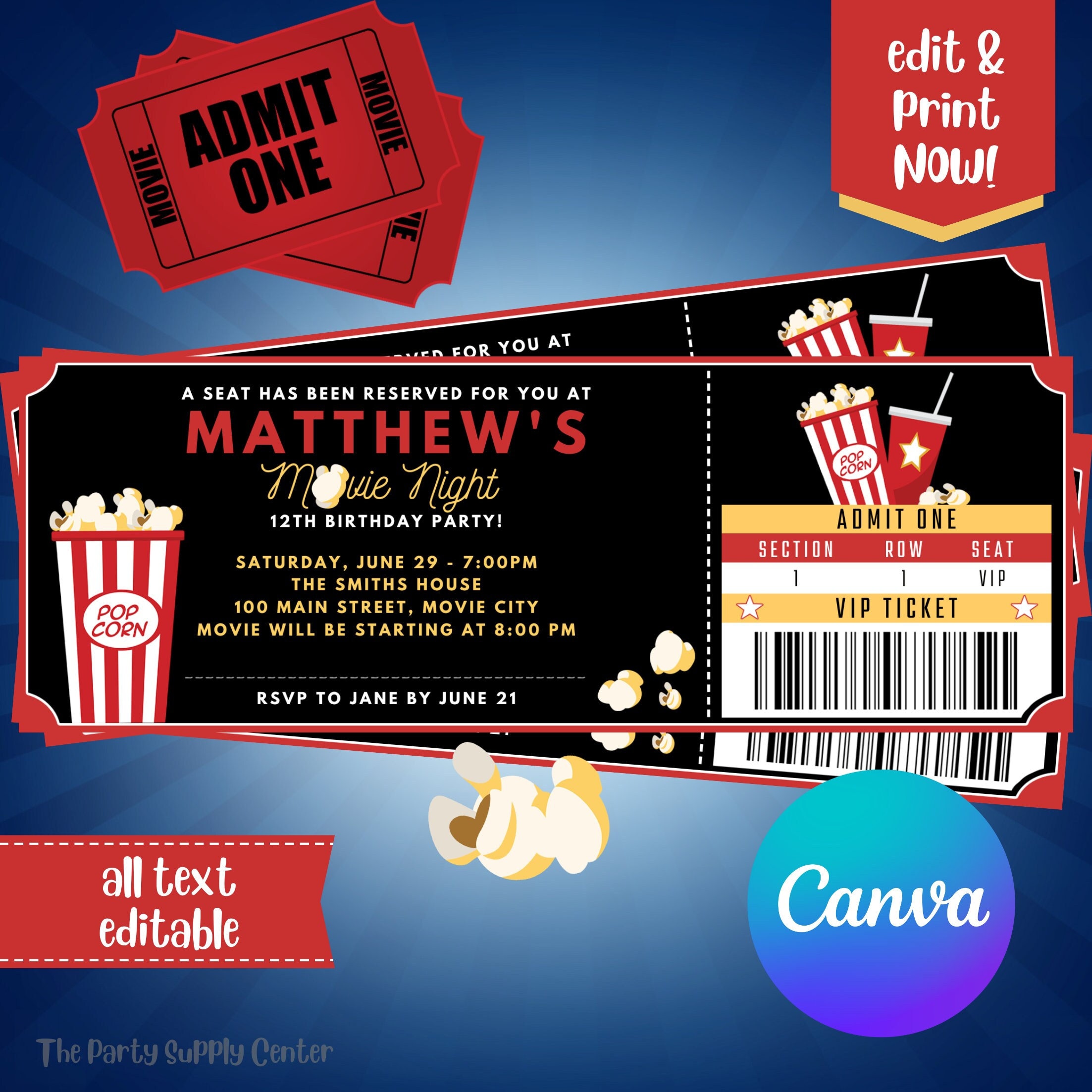 Movie Ticket Birthday Invitation, Movie Birthday Invitation, Movie ...
