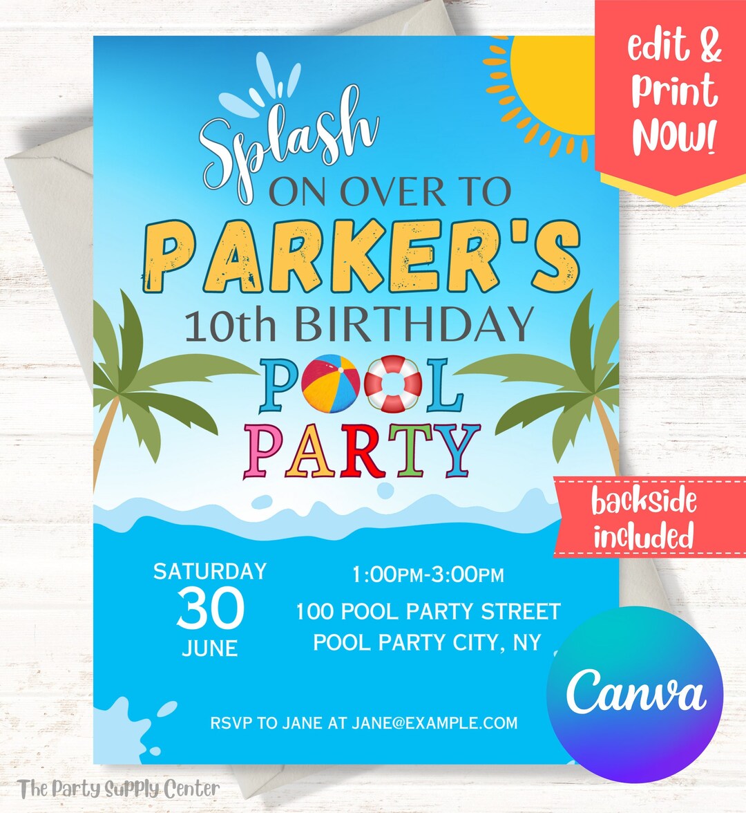 Pool Party Invitation, Splash Party Invitation, Swimming Birthday Party ...