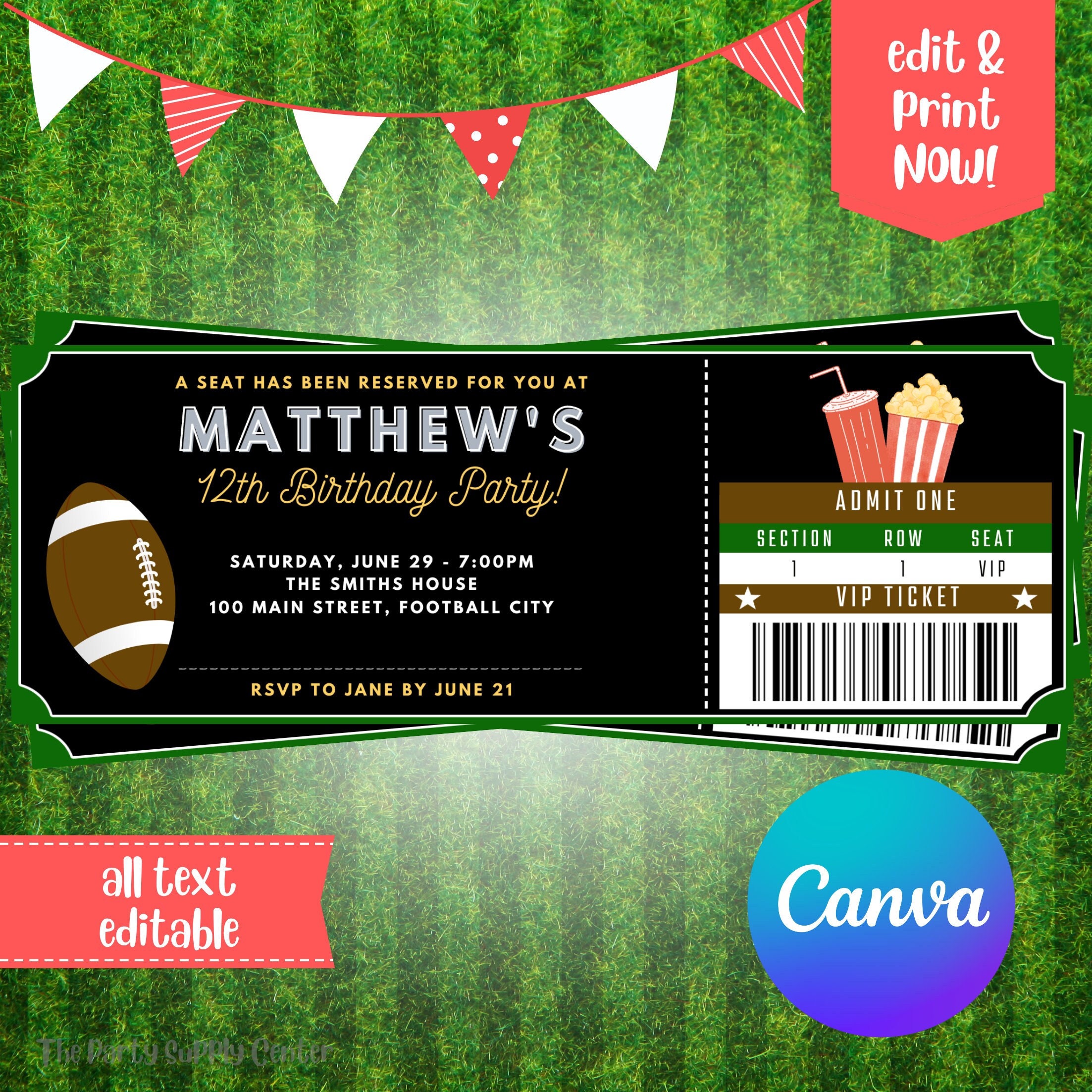 Football Ticket Birthday Invitation, Football Birthday Invitation ...